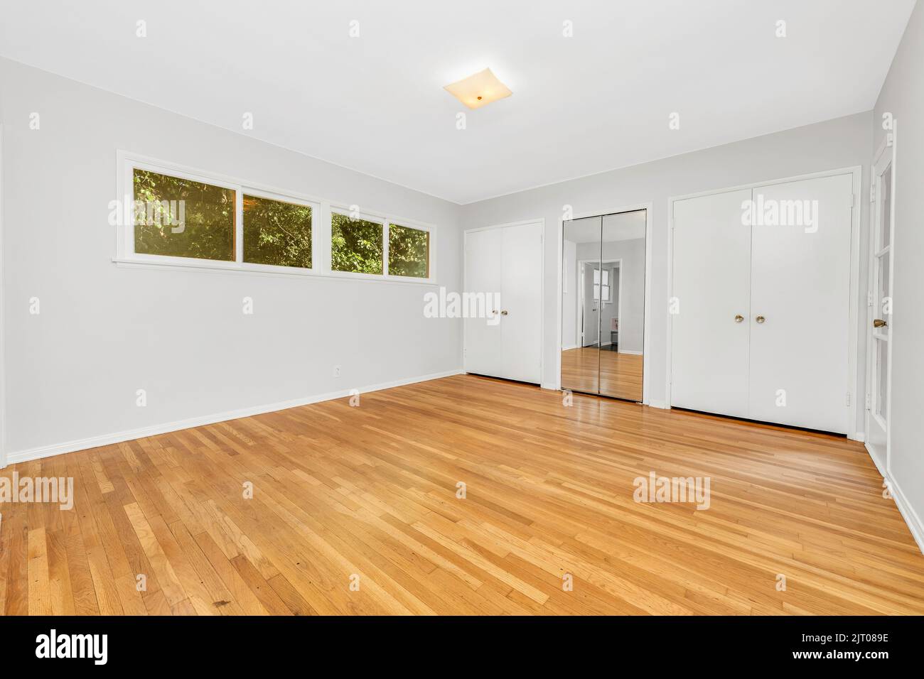 An illustration of an empty bedroom design with wardrobes and a long ...