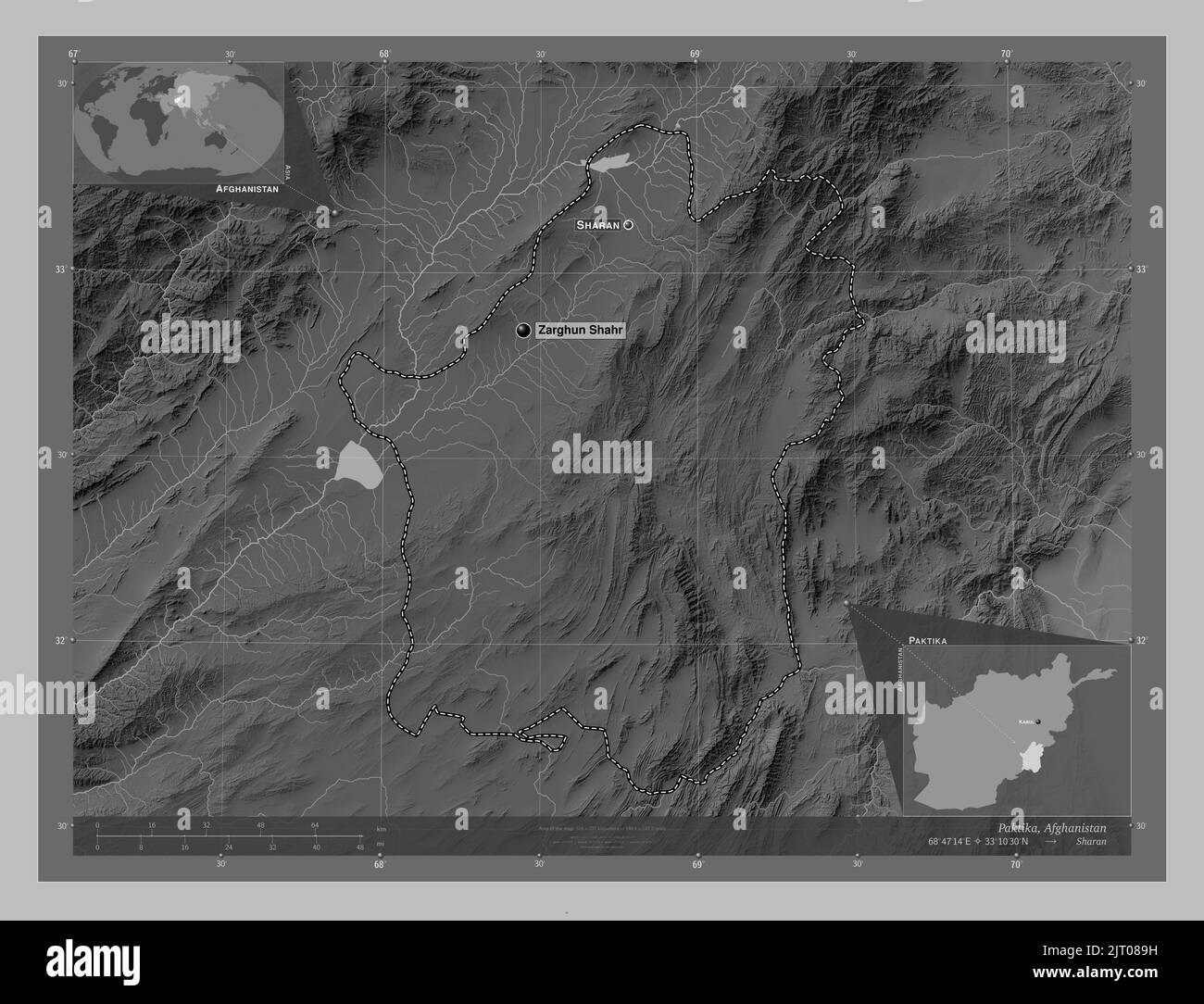 Paktika, province of Afghanistan. Grayscale elevation map with lakes ...