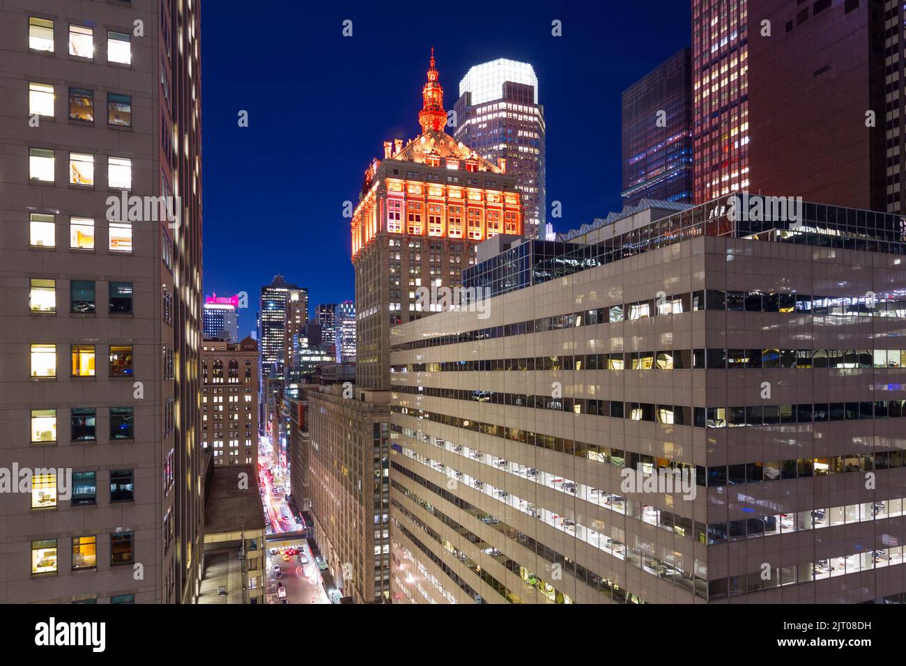 A night view looking in a westerly direction along East 45th Street (at ...