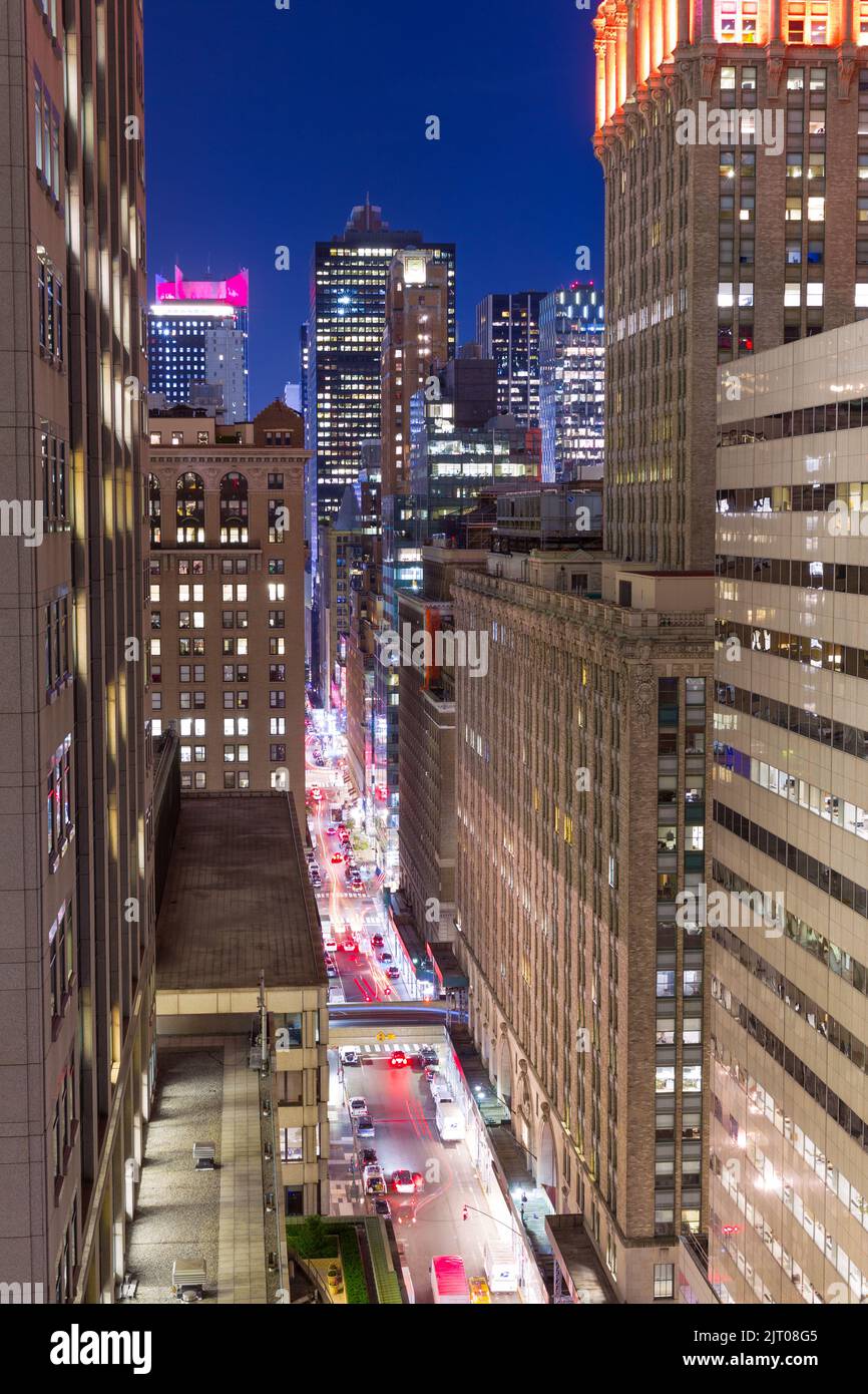A night view looking in a westerly direction along East 45th Street (at ...