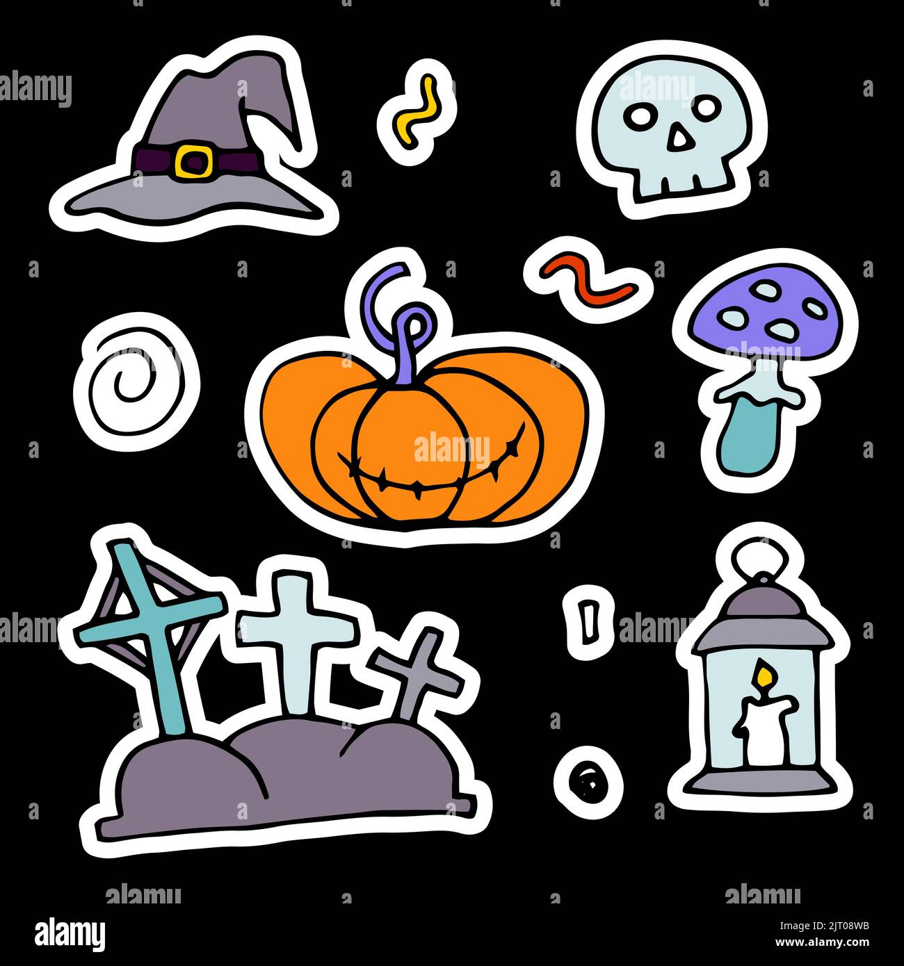 Doodle Halloween sticker set. Hand-drawn autumn pumpkin, grave, skull ...