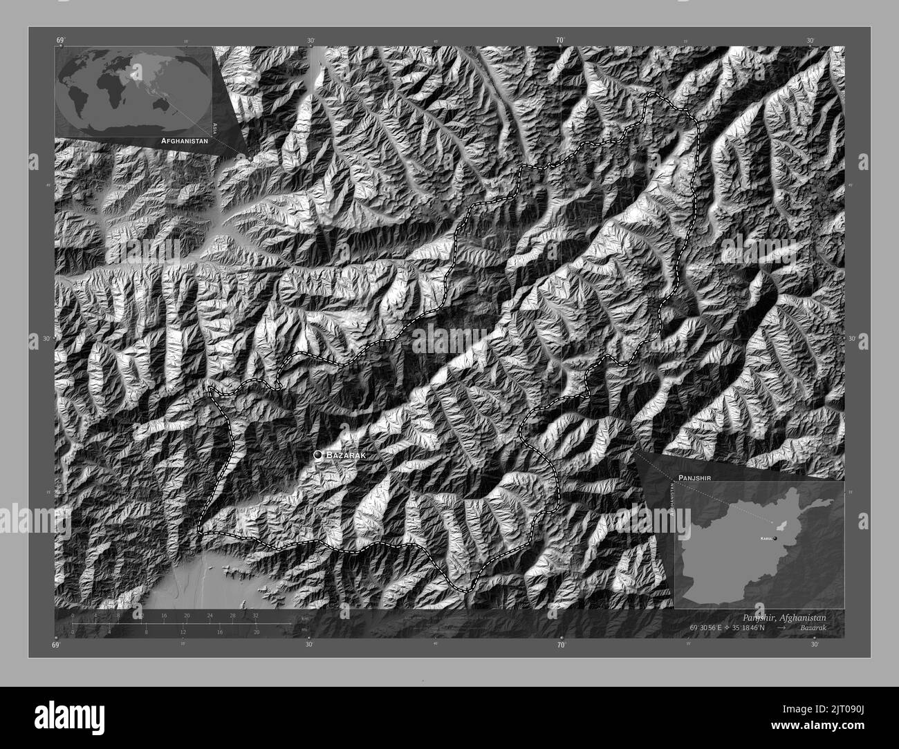 Panjshir, province of Afghanistan. Bilevel elevation map with lakes and ...