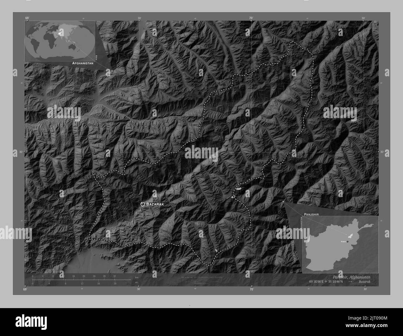Panjshir, province of Afghanistan. Grayscale elevation map with lakes ...