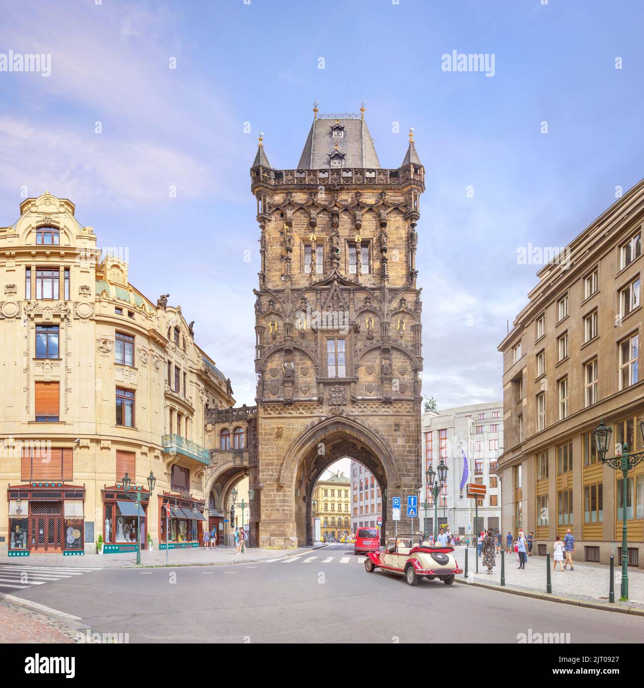 Celetna street and Powder Tower, Gothic city gate to the old Prague. Prague, Czech Republic ...