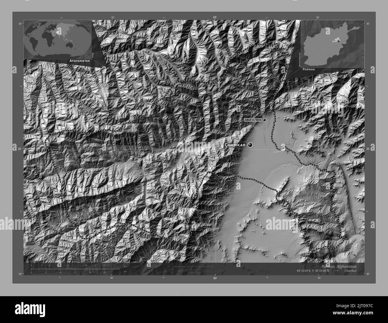 Parwan, province of Afghanistan. Bilevel elevation map with lakes and ...