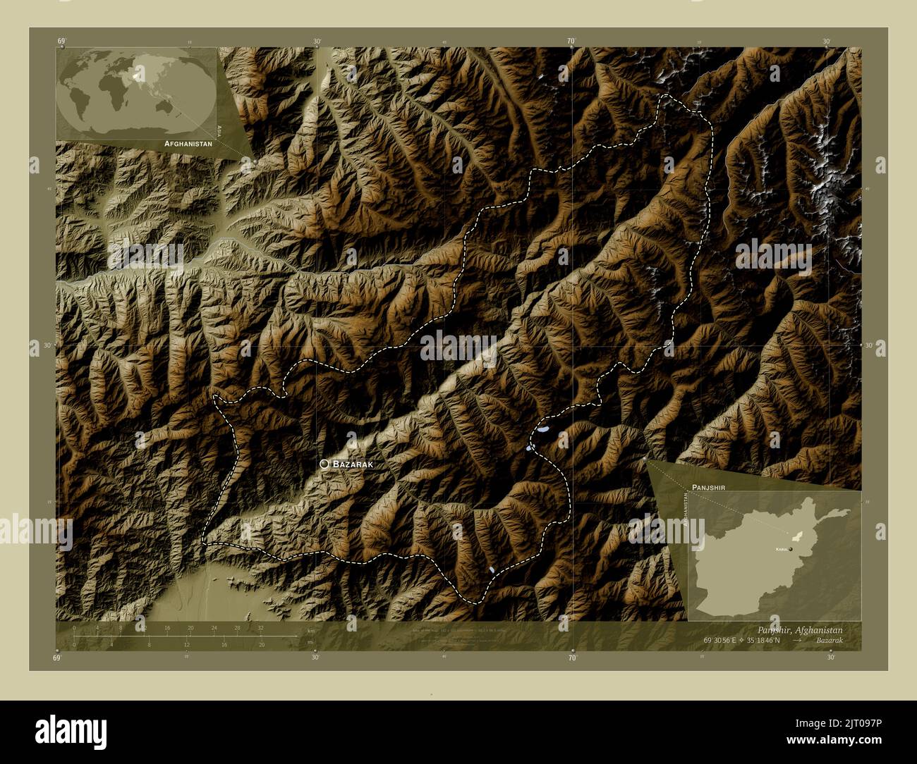 Panjshir, province of Afghanistan. Elevation map colored in wiki style ...
