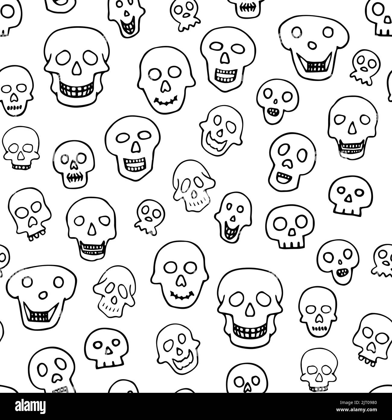 Doodle Halloween sculls seamless pattern. Outline Skeleton on white ...