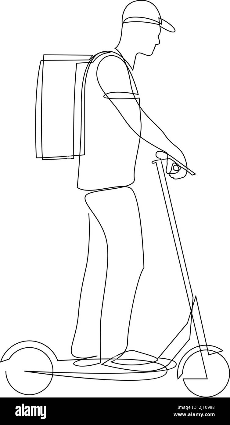 Continuous line drawing of delivery man riding scooter. One line art ...