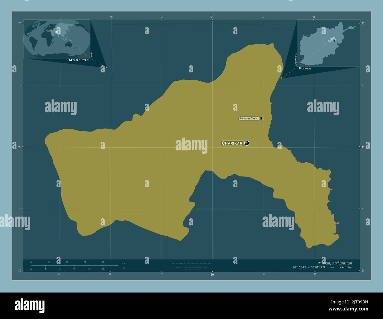 Parwan, province of Afghanistan. Solid color shape. Locations and names ...
