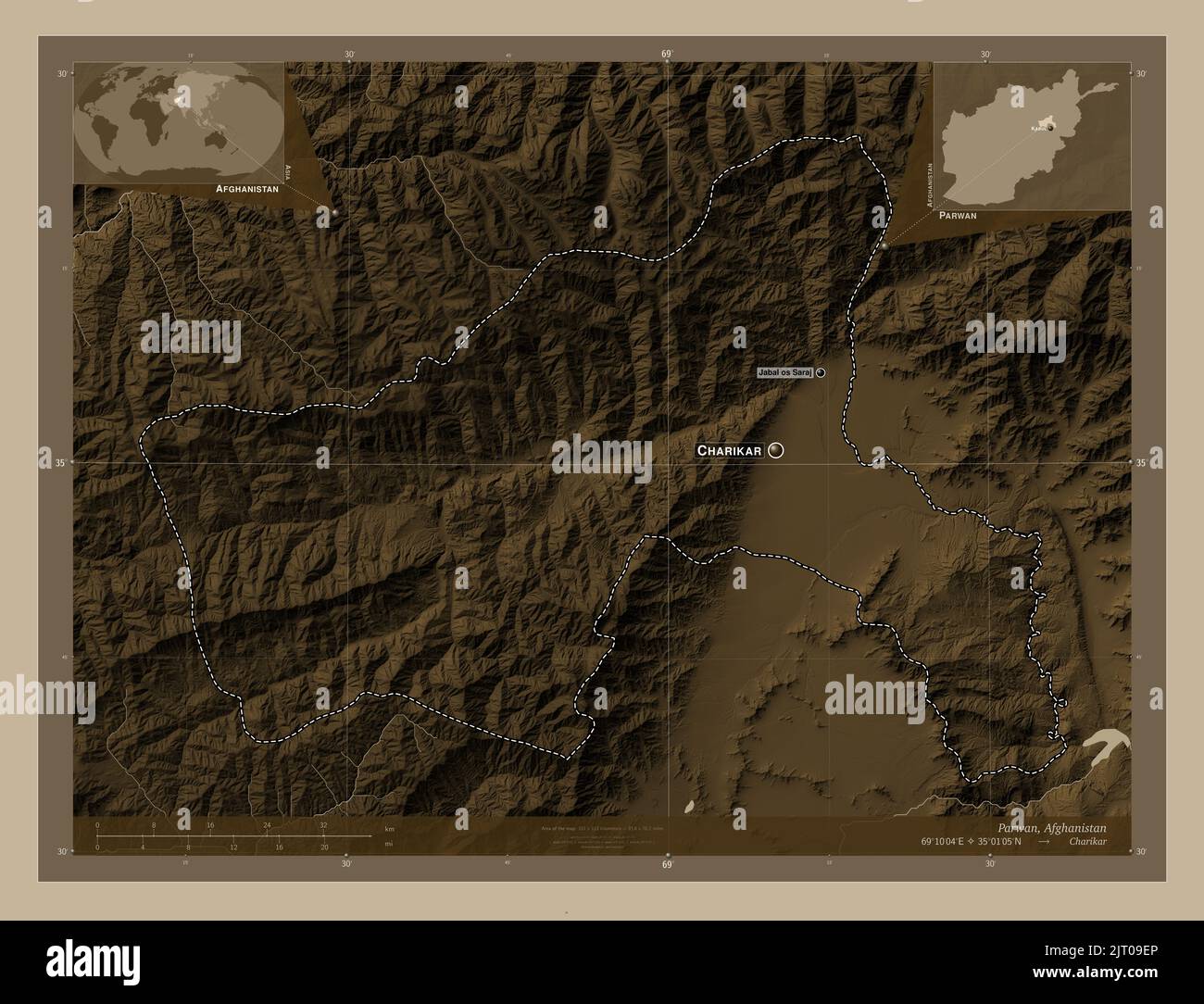 Parwan, province of Afghanistan. Elevation map colored in sepia tones ...