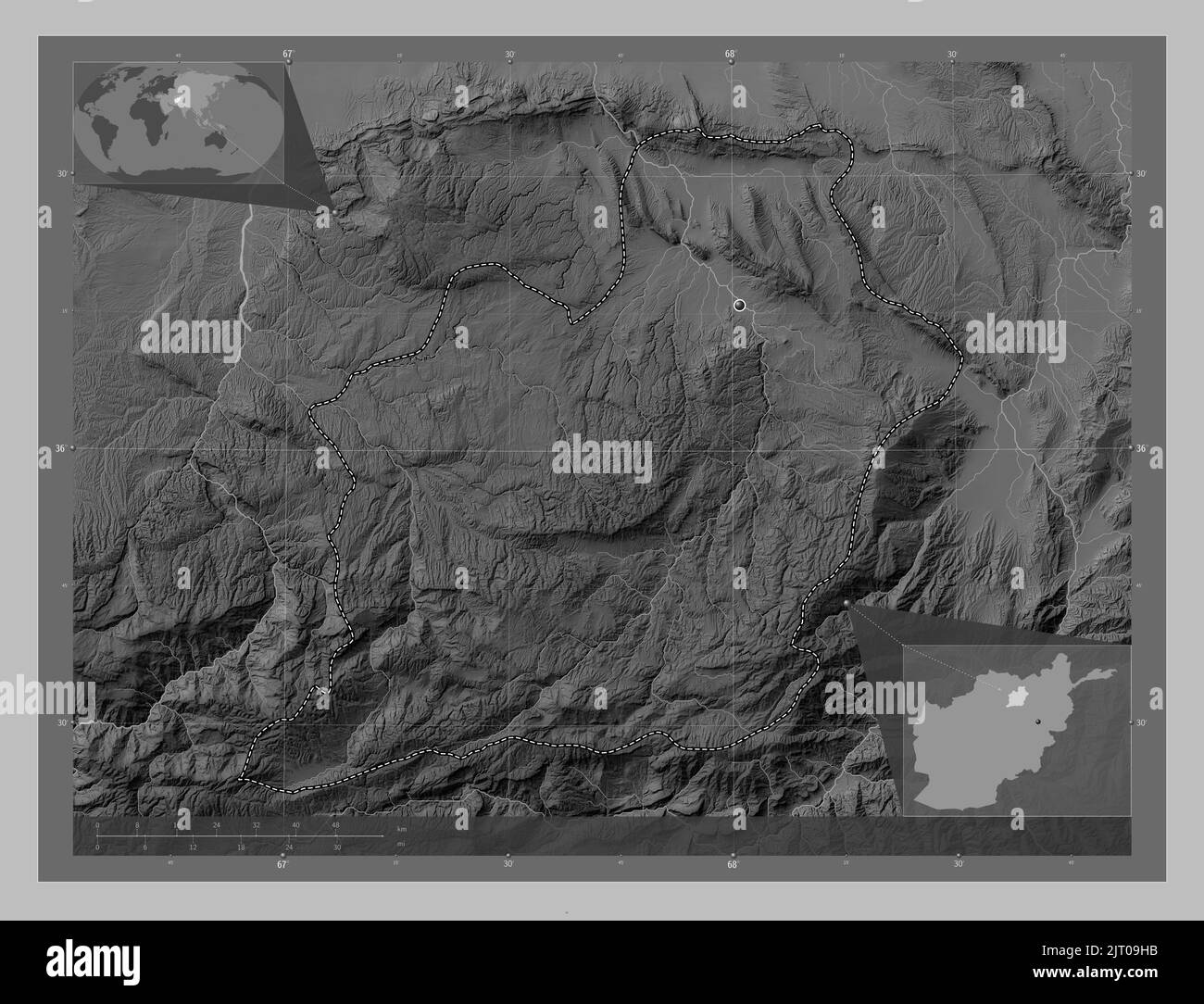 Samangan, province of Afghanistan. Grayscale elevation map with lakes ...