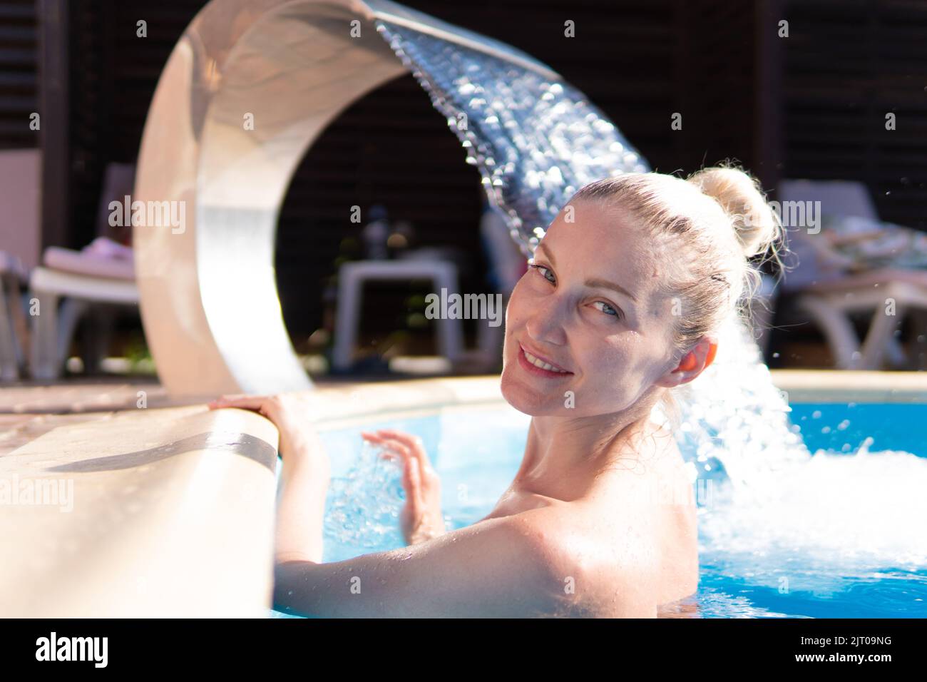 Smiling Woman Swimming Young Waterfall Pool Beautiful Luxury Outdoor Relax From Therapy Body