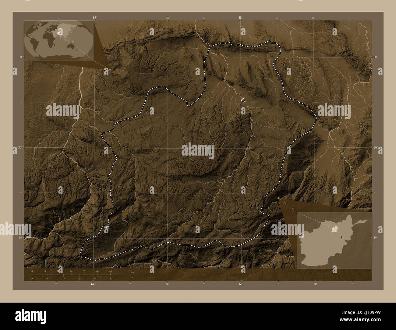 Samangan, province of Afghanistan. Elevation map colored in sepia tones ...