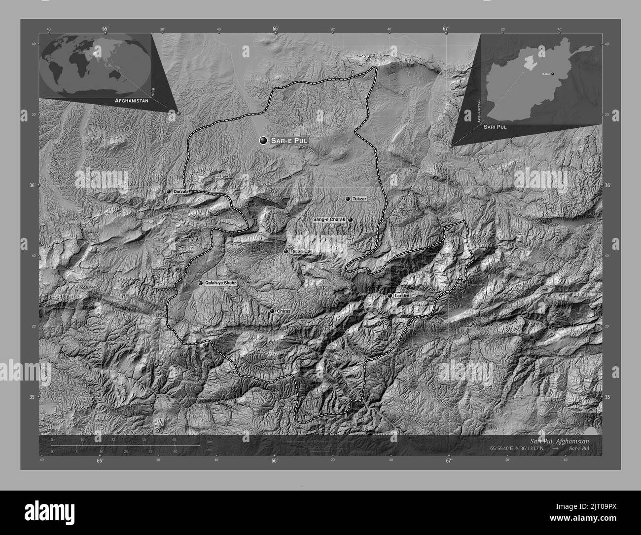 Sari Pul, province of Afghanistan. Bilevel elevation map with lakes and ...