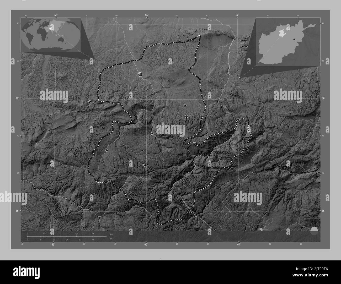 Sari Pul, province of Afghanistan. Grayscale elevation map with lakes ...