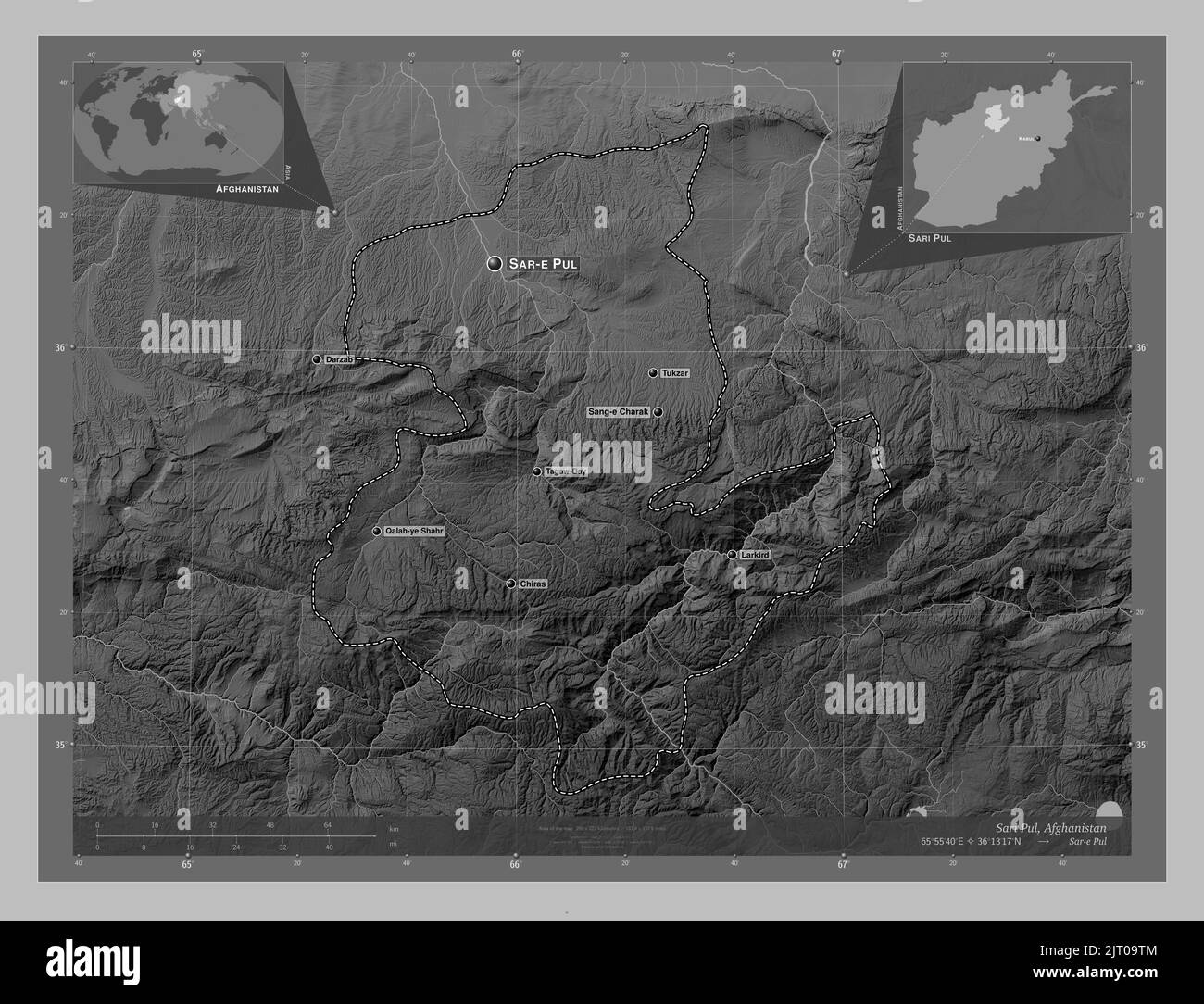 Sari Pul, province of Afghanistan. Grayscale elevation map with lakes ...