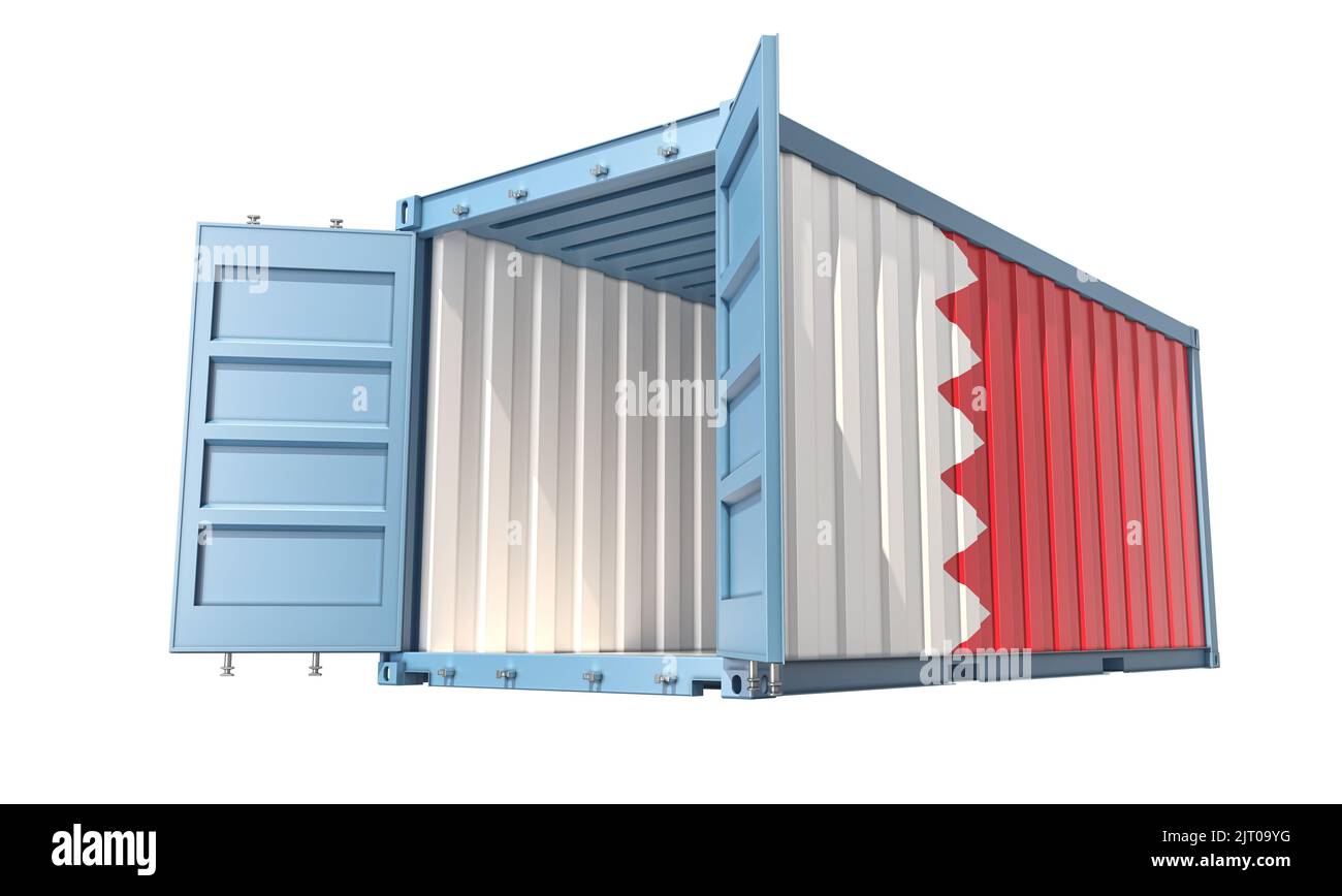 Cargo Container with open doors and Bahrain national flag design. 3D ...