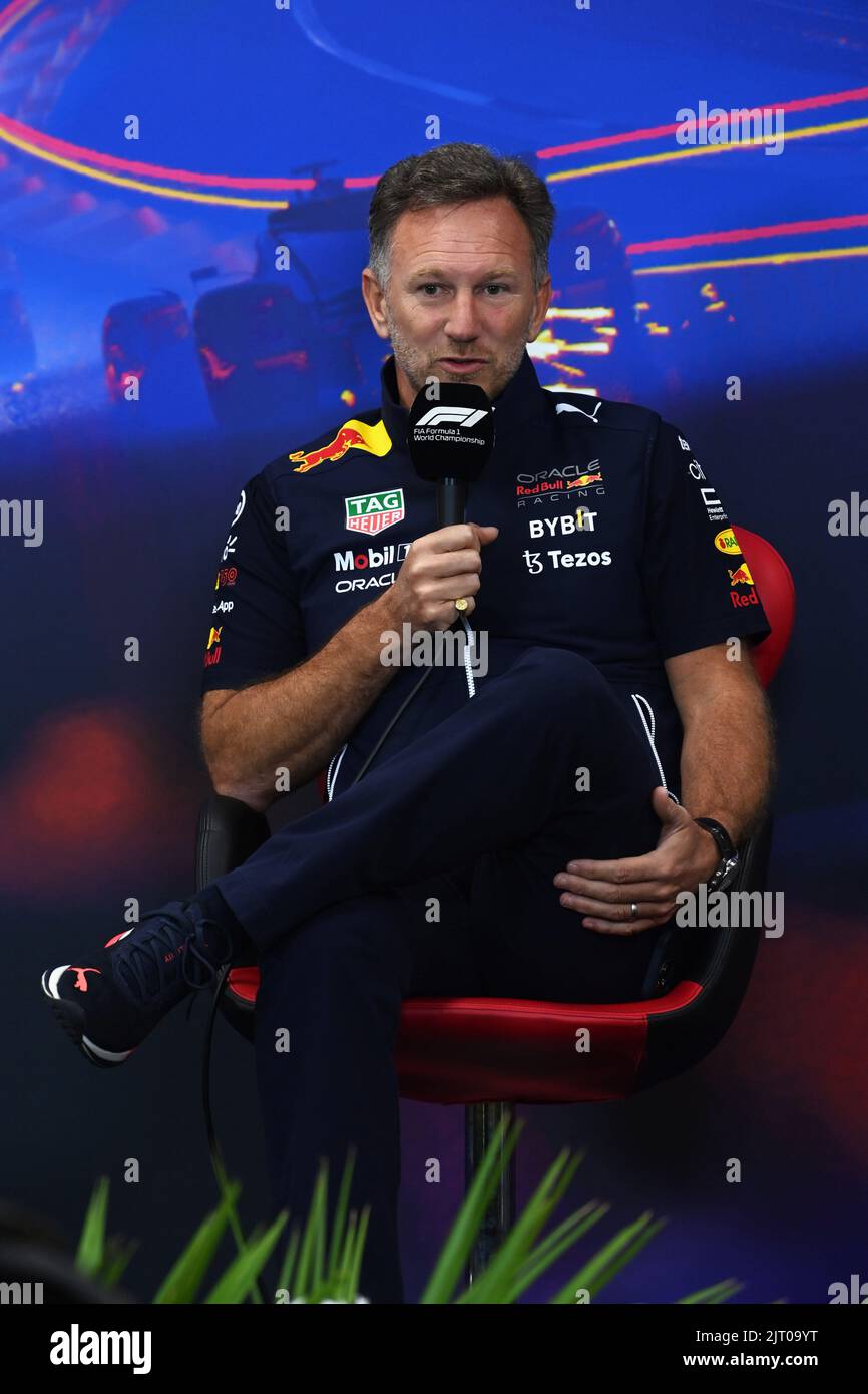 Christian Horner (GBR) Red Bull Racing Team Principal in the FIA Press Conference. 27.08.2022 ...