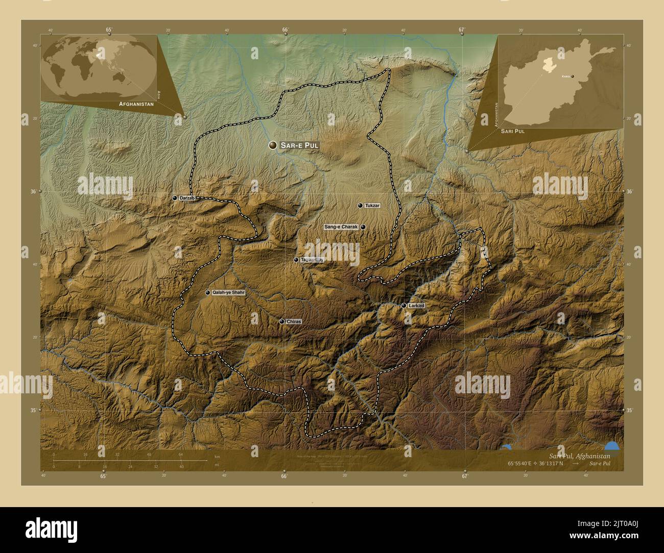 Sari Pul, province of Afghanistan. Colored elevation map with lakes and ...