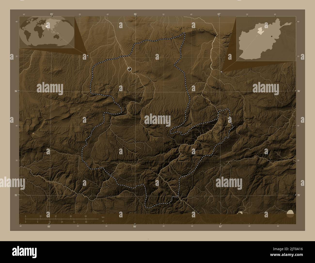 Sari Pul, province of Afghanistan. Elevation map colored in sepia tones ...