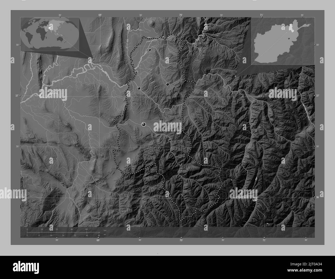 Takhar, province of Afghanistan. Grayscale elevation map with lakes and ...