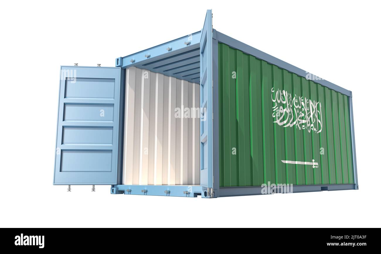 Cargo Container with open doors and Saudi Arabia national flag design ...