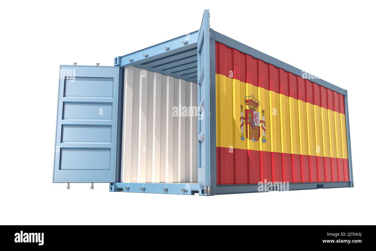 Cargo Container with open doors and Spain national flag design. 3D ...
