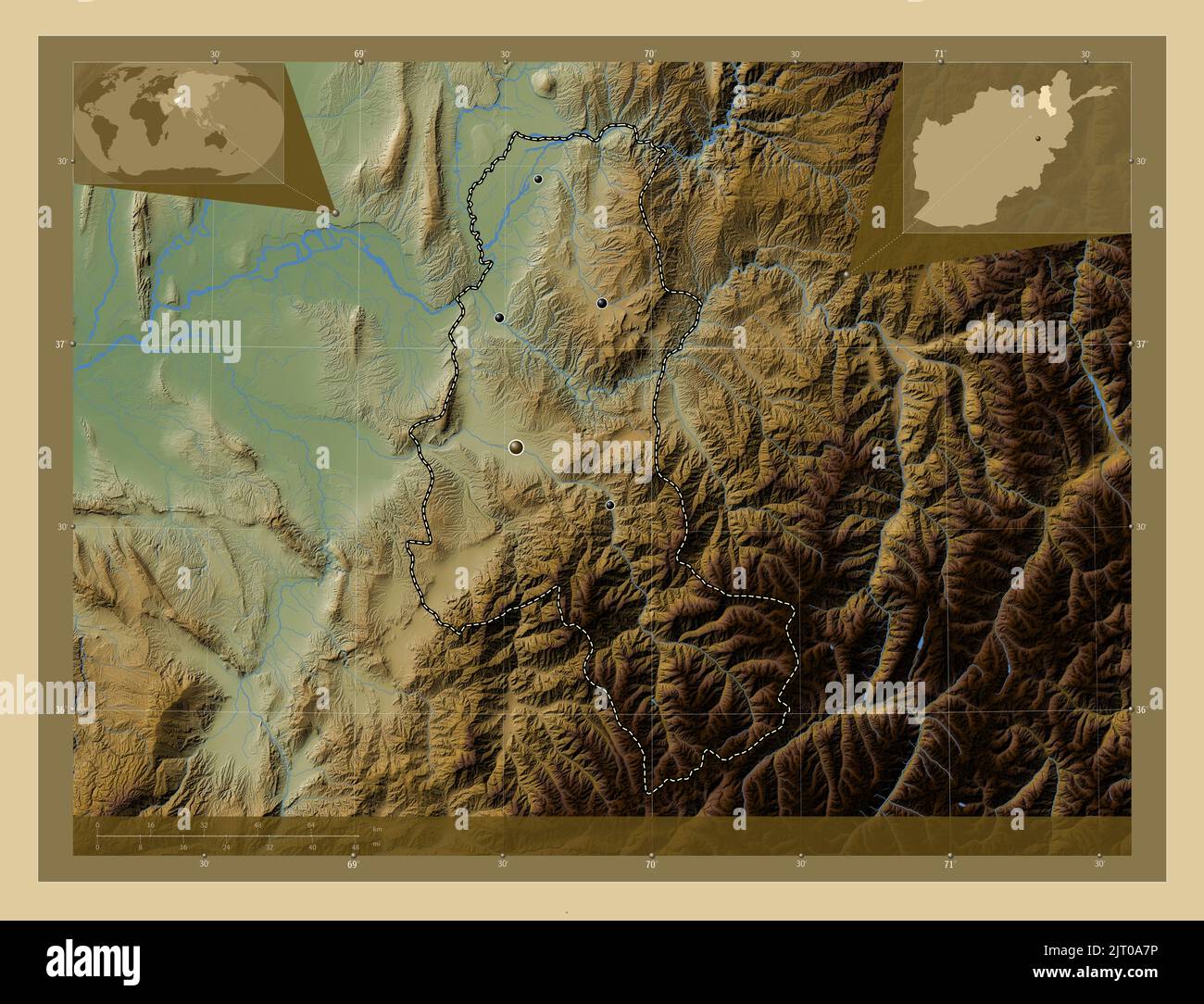 Takhar, province of Afghanistan. Colored elevation map with lakes and ...