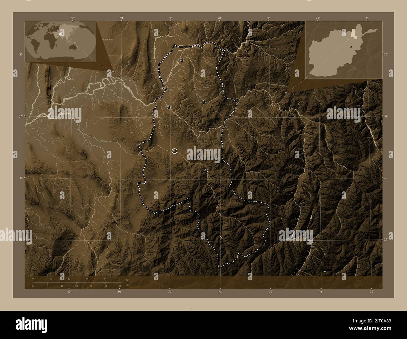 Takhar, province of Afghanistan. Elevation map colored in sepia tones ...