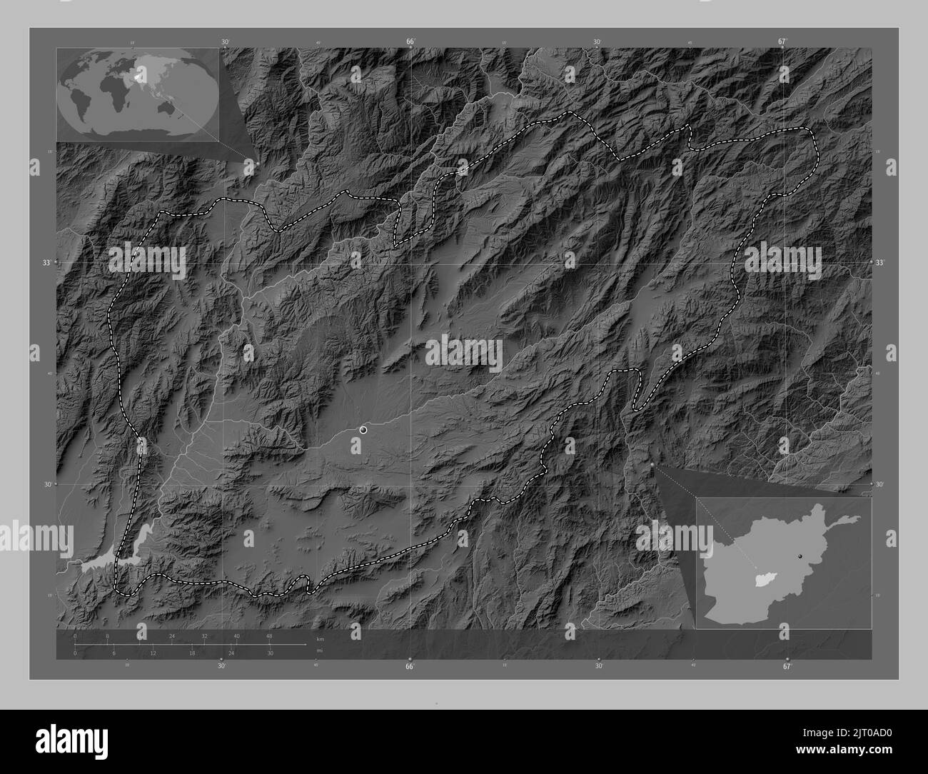 Uruzgan, province of Afghanistan. Grayscale elevation map with lakes ...