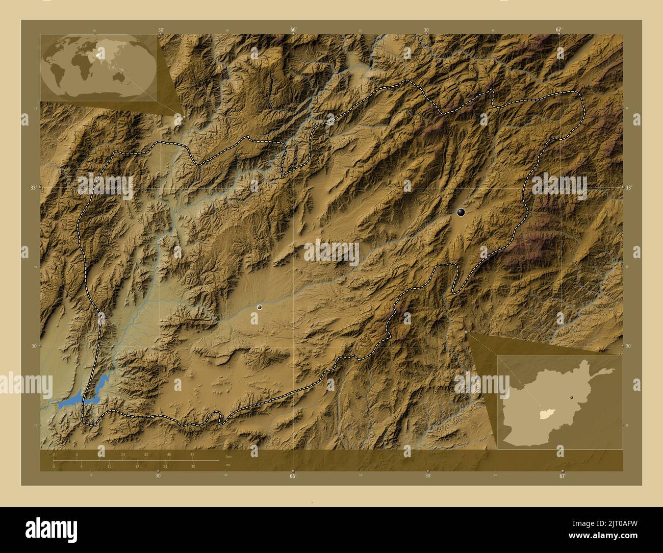 Uruzgan, province of Afghanistan. Colored elevation map with lakes and ...