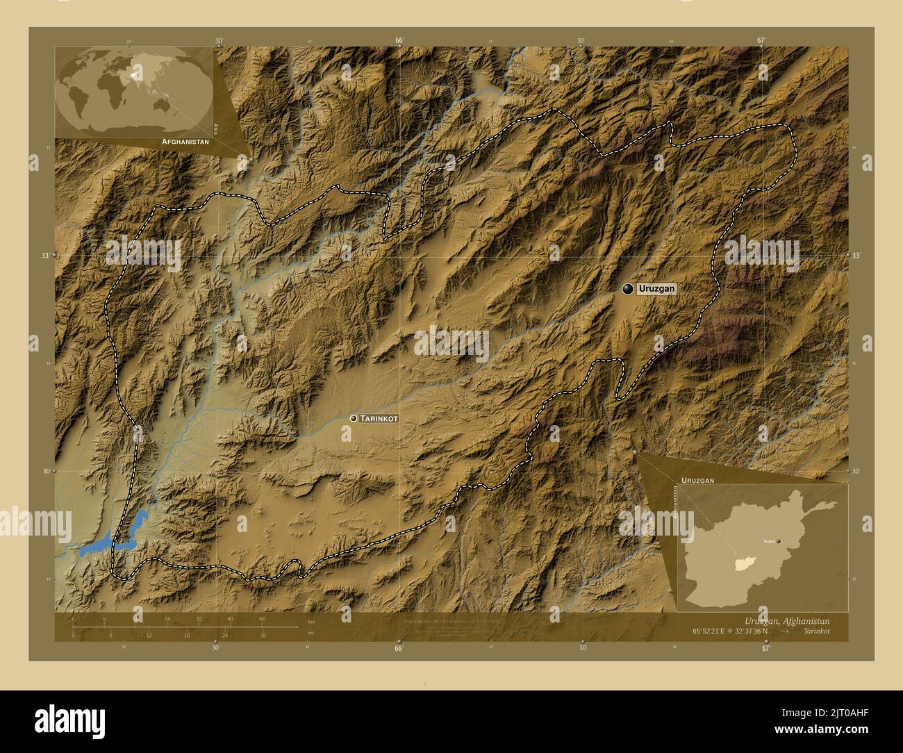 Uruzgan, province of Afghanistan. Colored elevation map with lakes and ...