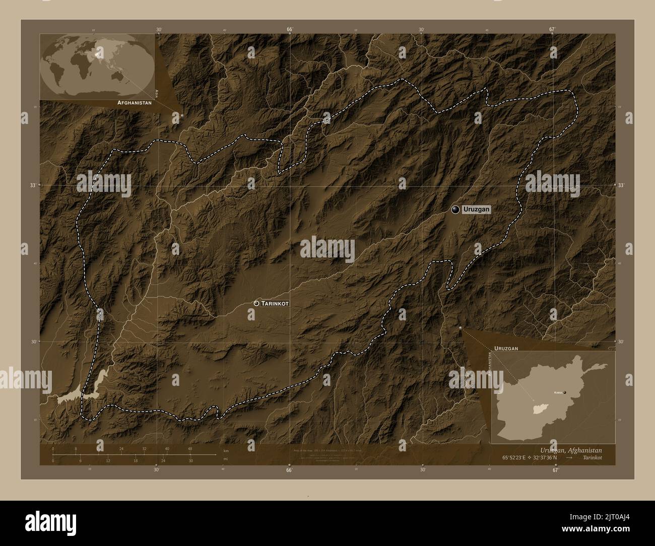 Uruzgan, province of Afghanistan. Elevation map colored in sepia tones ...