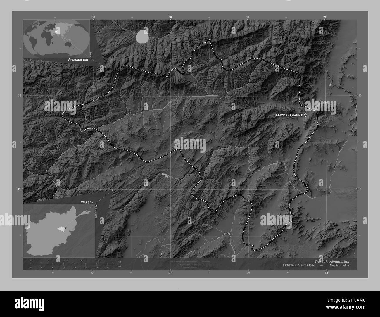 Wardak, province of Afghanistan. Grayscale elevation map with lakes and ...