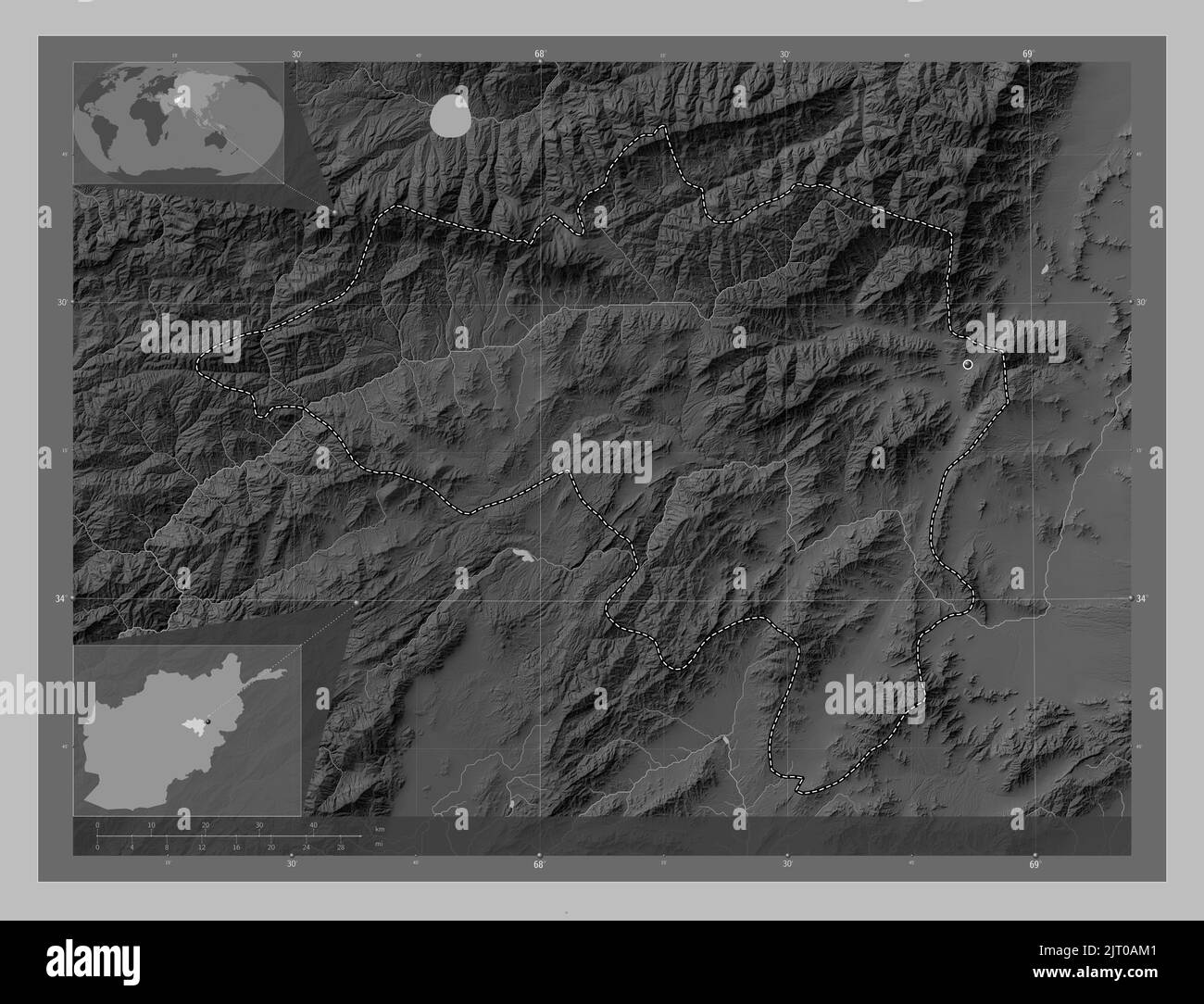 Wardak, province of Afghanistan. Grayscale elevation map with lakes and ...