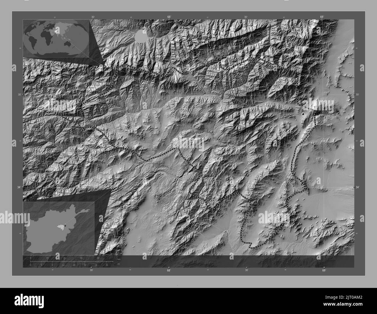 Wardak, province of Afghanistan. Bilevel elevation map with lakes and ...