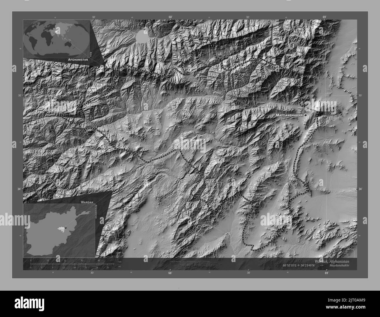 Wardak, province of Afghanistan. Bilevel elevation map with lakes and ...
