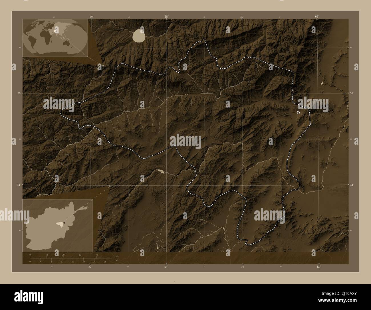 Wardak, province of Afghanistan. Elevation map colored in sepia tones ...