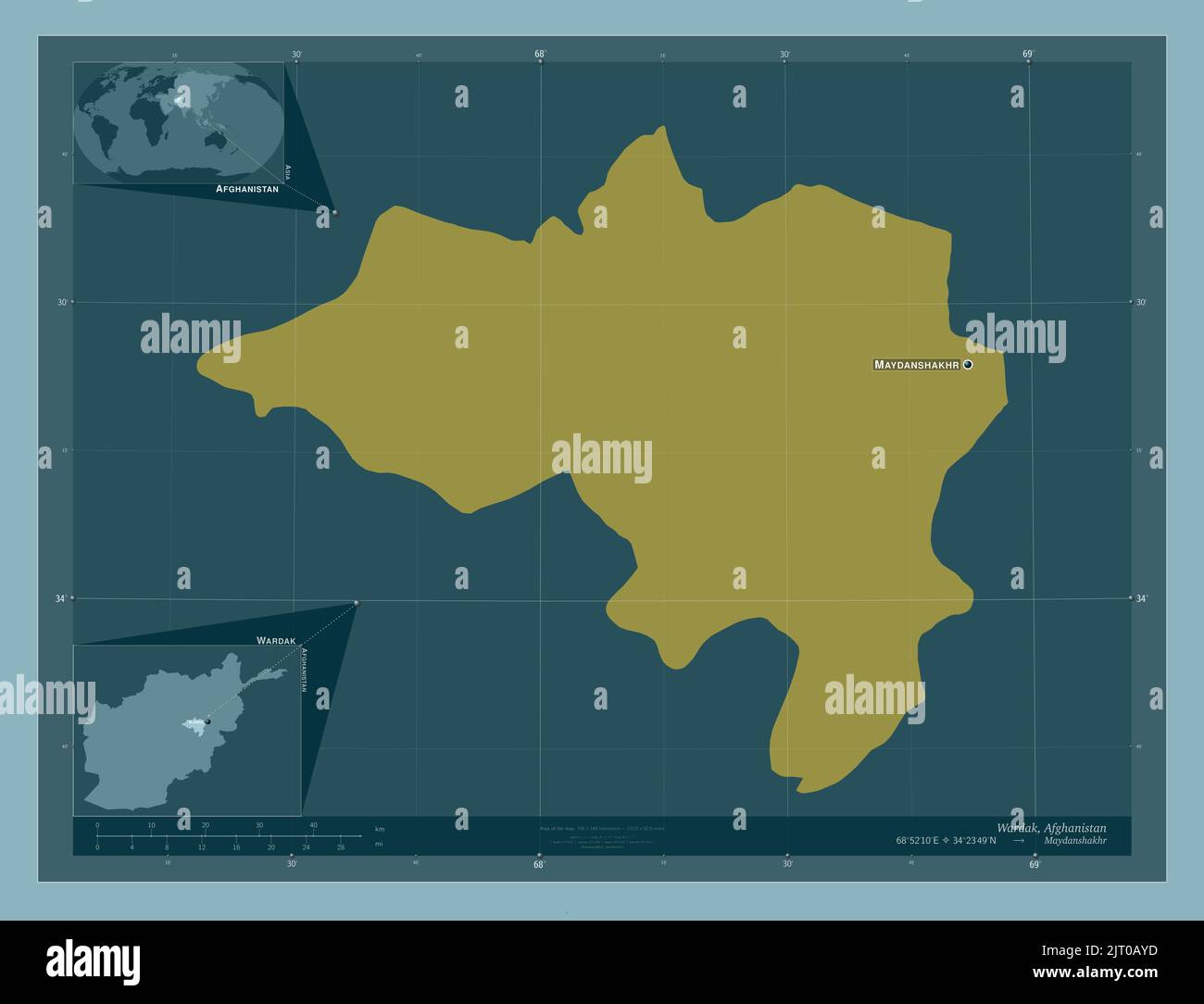 Wardak, province of Afghanistan. Solid color shape. Locations and names ...