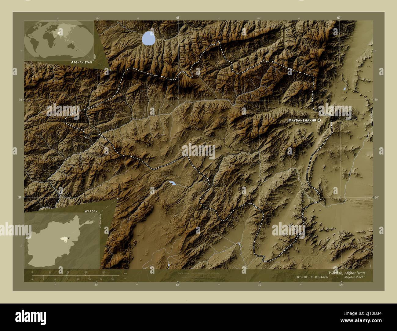 Wardak, province of Afghanistan. Elevation map colored in wiki style ...