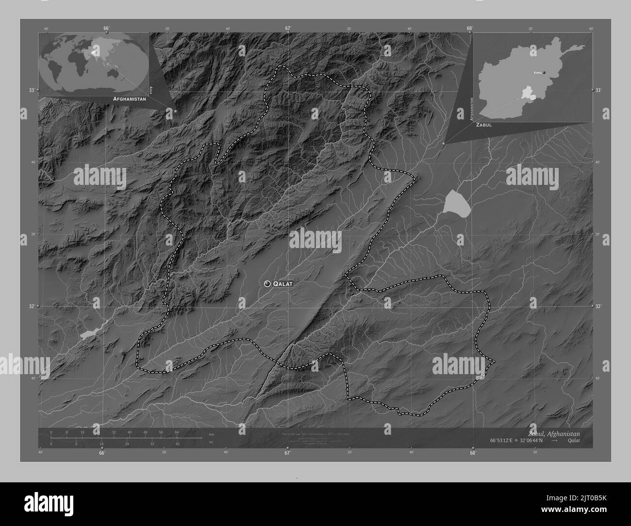Zabul, province of Afghanistan. Grayscale elevation map with lakes and ...