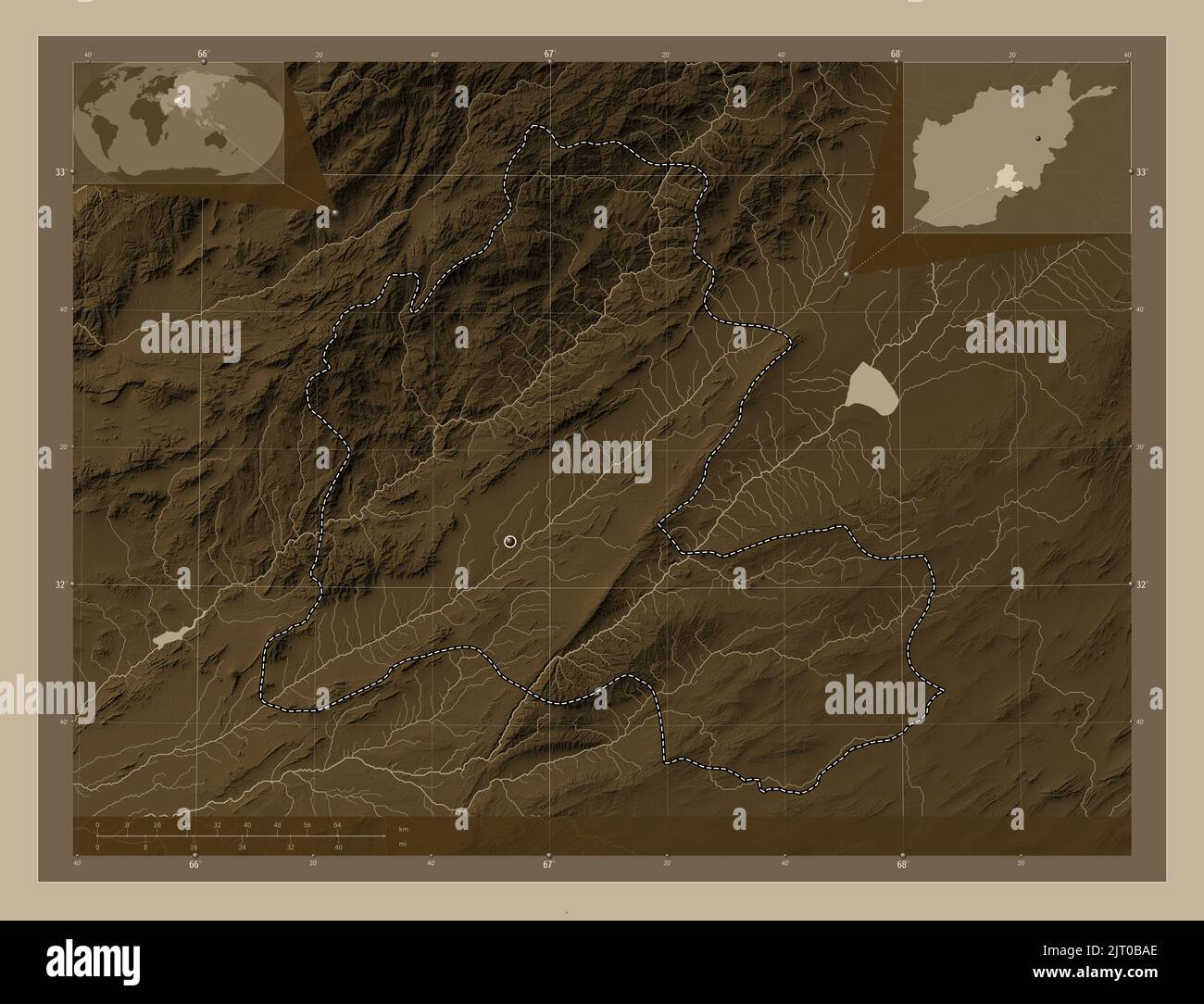 Zabul, province of Afghanistan. Elevation map colored in sepia tones ...