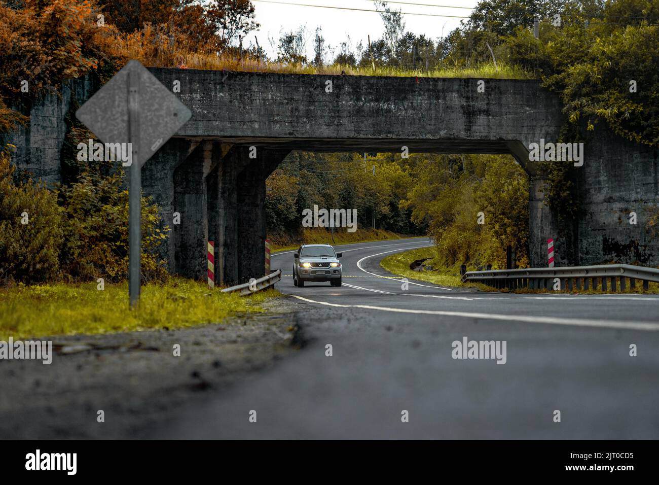 A car driving along a road under a bridge in Southern Zone, Chile Stock ...