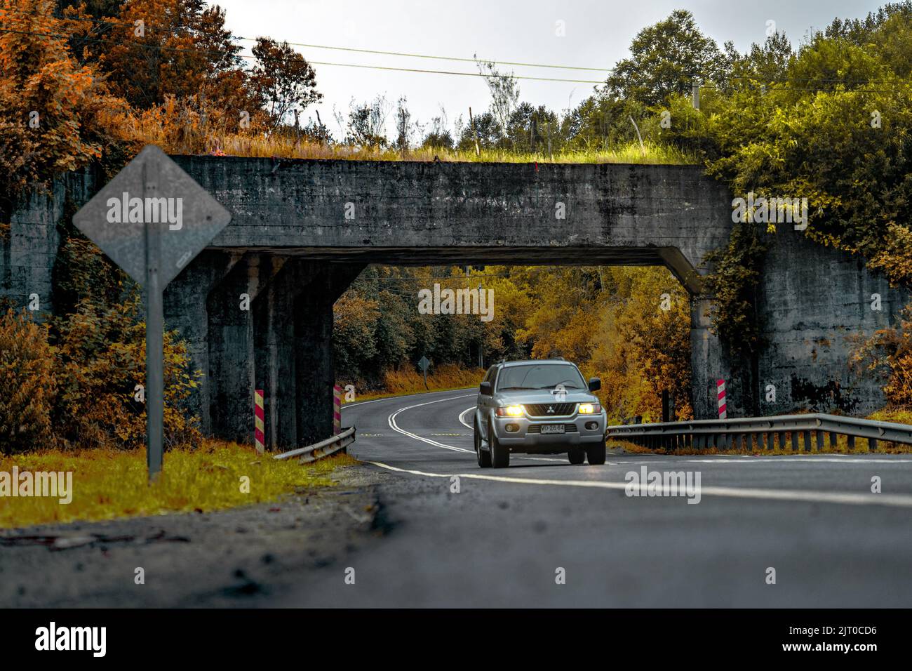 A car driving along a road under a bridge in Southern Zone, Chile Stock ...