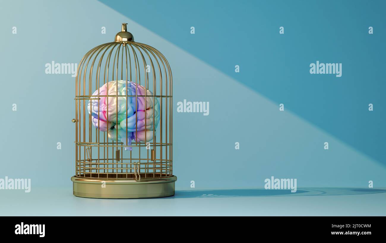 colorful brain in a golden cage with copy space. 3d rendering Stock ...