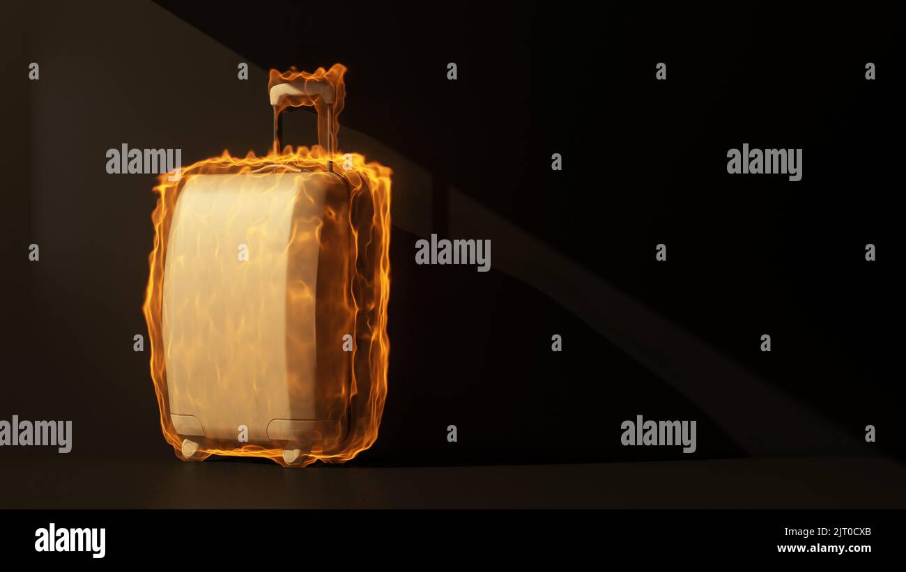 burning luggage bag on black background with copy space. 3d rendering ...