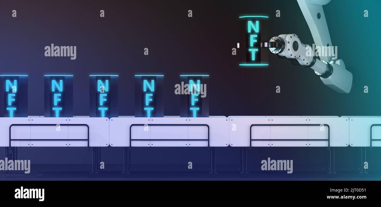 nft conveyor with robot arm. 3d rendering Stock Photo - Alamy