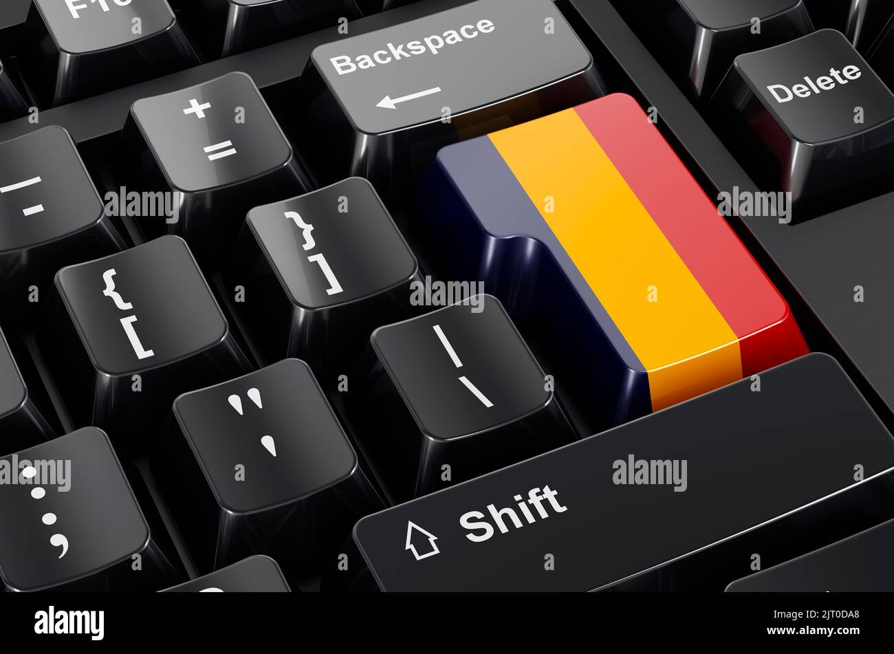 Romanian flag painted on computer keyboard. Online business, education ...