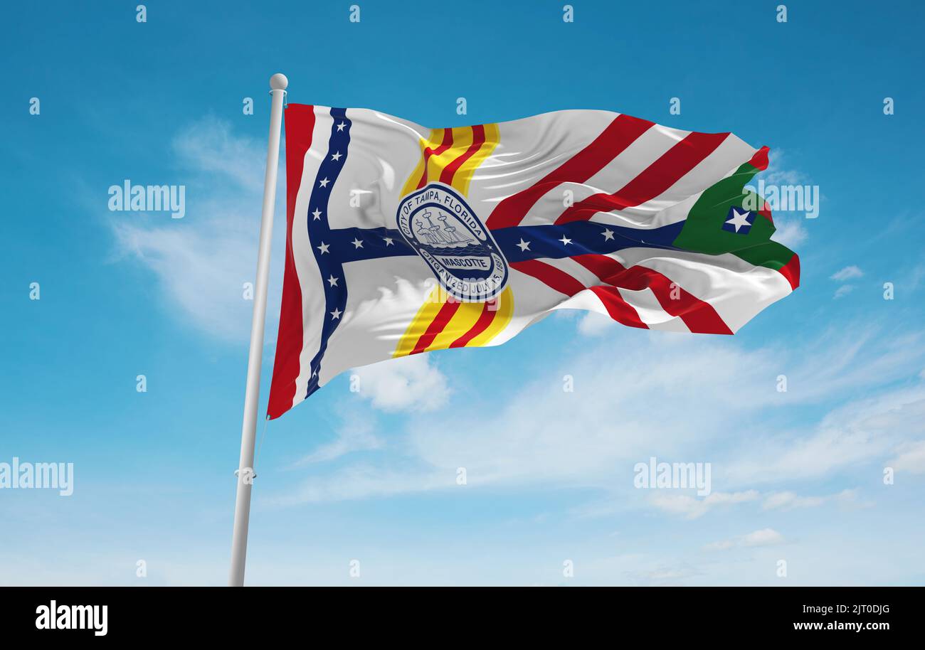 official flag of Tampa, Florida untied states of America at cloudy sky ...