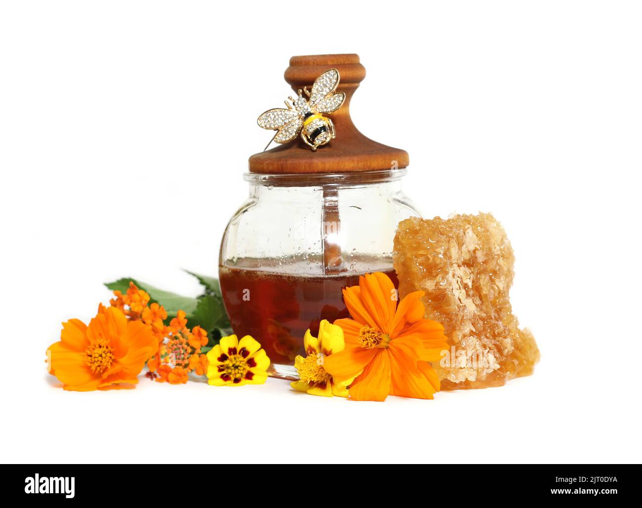 Fresh Local Honey With Honeycomb and Flowers Isolated on White ...